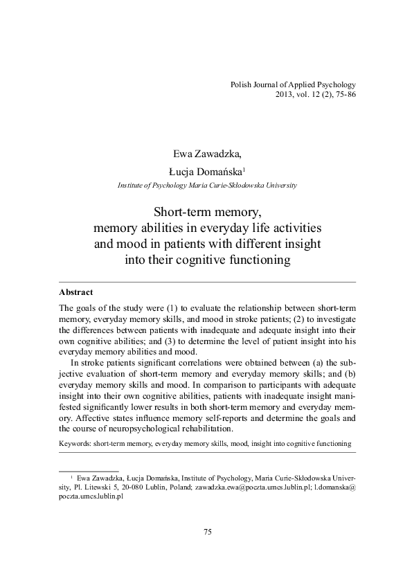 (PDF) Short-term memory, memory abilities in everyday life activities ...