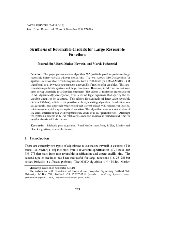 (PDF) Synthesis of reversible circuits for large reversible functions