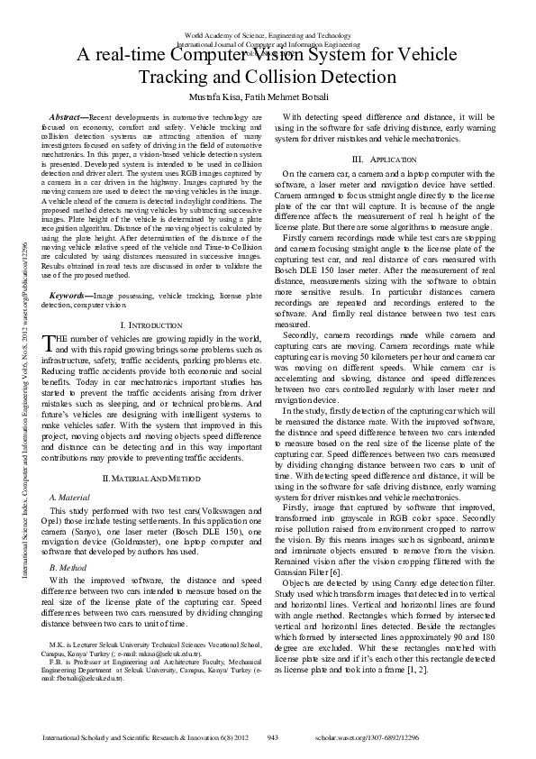 (PDF) A Real-Time Computer Vision System For Vehicletracking And Collision Detection