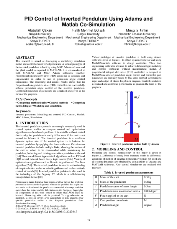 Pdf Pid Control Of Inverted Pendulum Via Adams And Matlab