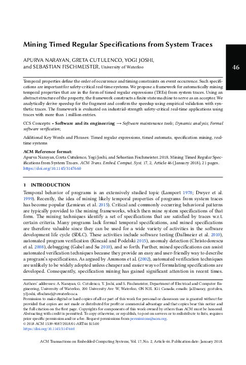 (PDF) Mining Timed Regular Specifications from System Traces | Yogi Joshi - Academia.edu