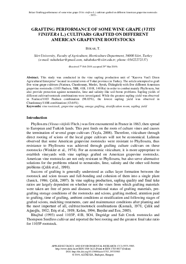 (PDF) Grafting Performance of Some Wine Grape (Vitis Vinifera L.) Cultivars Grafted on Different ...