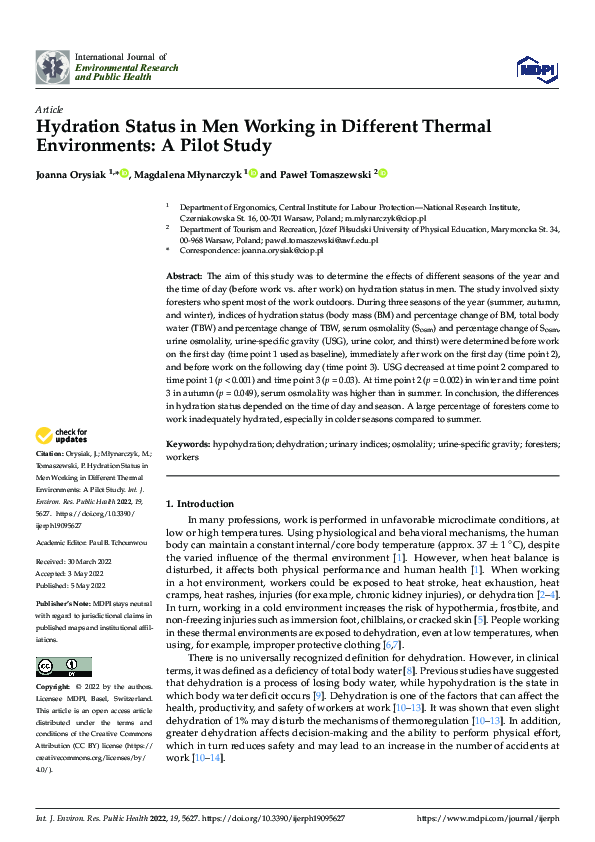 (PDF) Hydration Status in Men Working in Different Thermal Environments ...