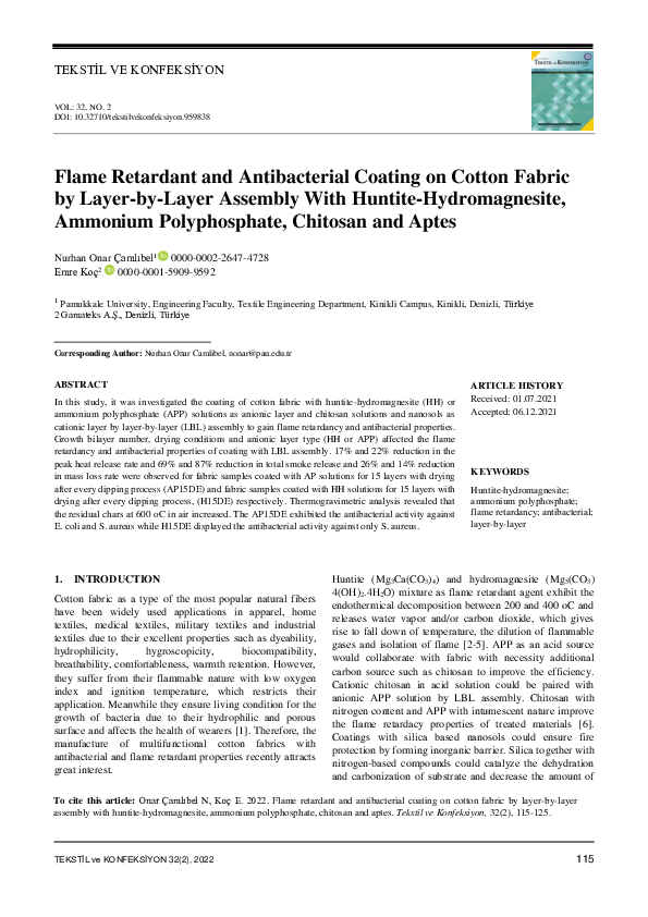 (PDF) Flame retardant and antibacterial coating on cotton fabric by layer-by-layer assembly with ...