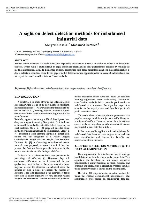 (PDF) A sight on defect detection methods for imbalanced industrial data