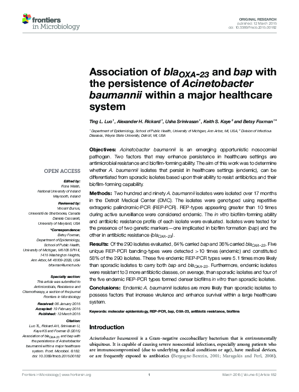 (PDF) Association of blaOXA-23 and bap with the persistence of ...