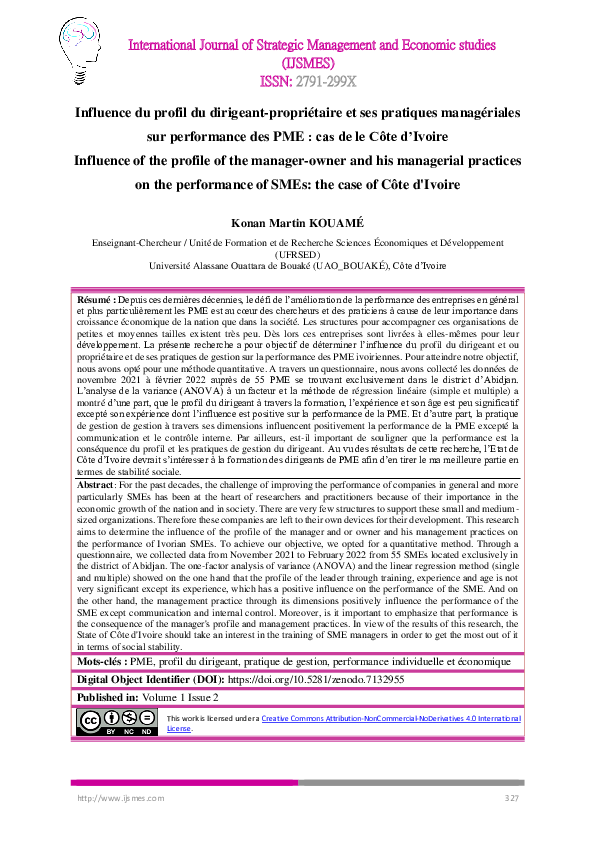 (PDF) Influence du profil du dirigeant-propriétaire et ses pratiques managériales sur ...