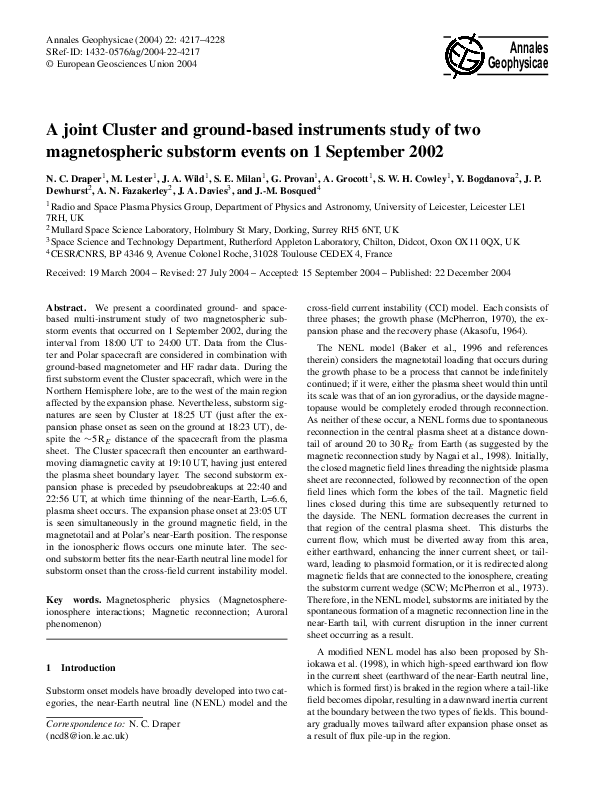 (PDF) A joint Cluster and ground-based instruments study of two ...