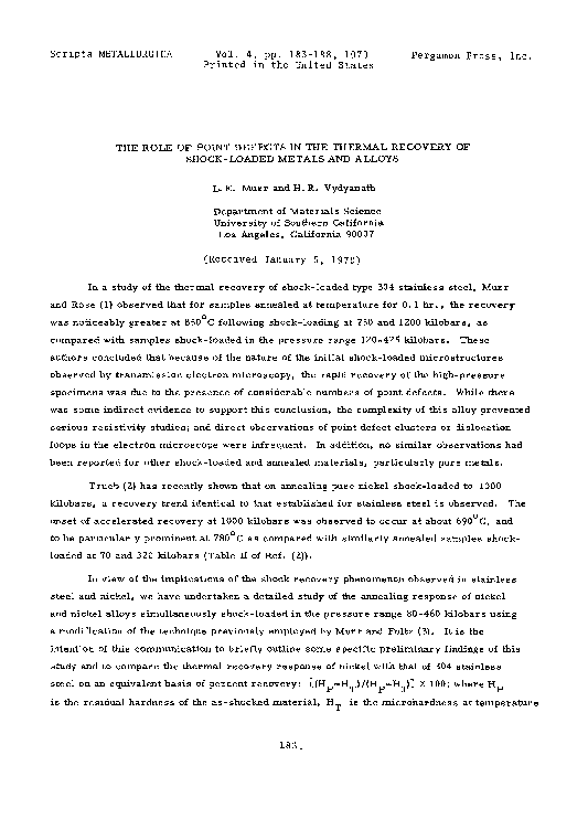 (PDF) The role of point defects in the thermal recovery of shock-loaded ...