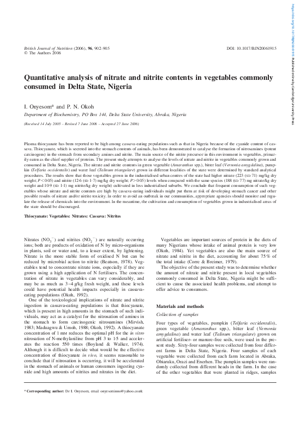 Pdf Quantitative Analysis Of Nitrate And Nitrite Contents In Vegetables Commonly Consumed In