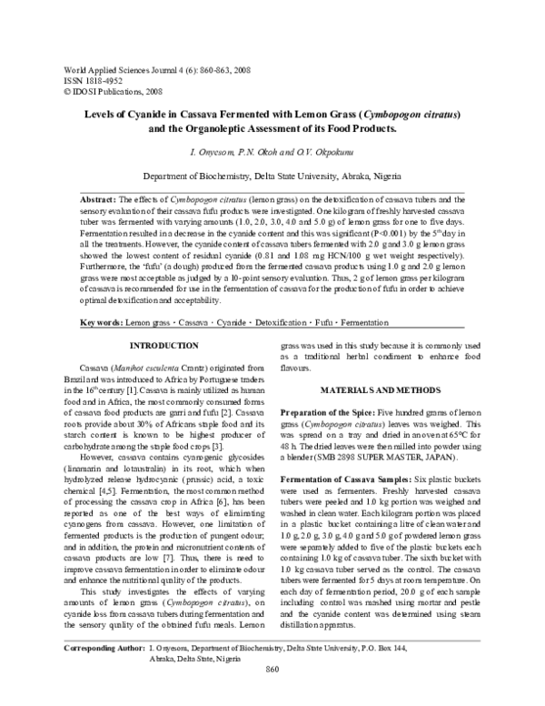 Pdf Levels Of Cyanide In Cassava Fermented With Lemon Grass