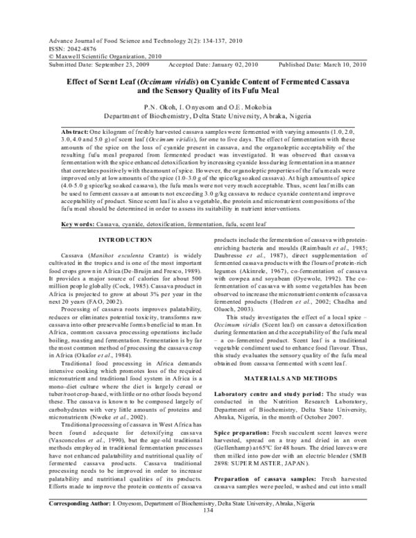 (PDF) Effect of Scent Leaf (Occimum viridis) on Cyanide Content of Fermented Cassava and the ...
