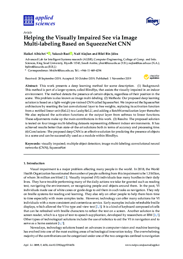 (PDF) Helping the Visually Impaired See via Image Multi-labeling Based on SqueezeNet CNN