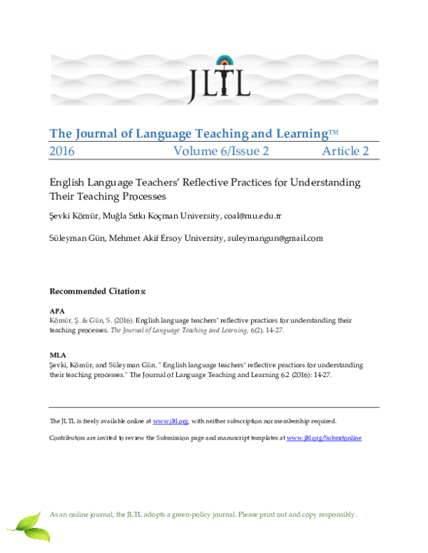 (PDF) English Language Teachers’ Reflective Practices for Understanding ...