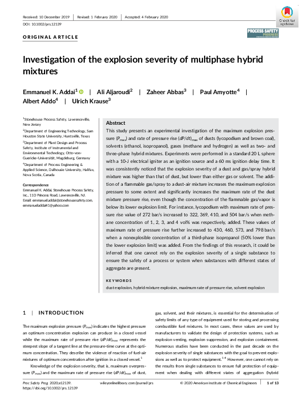 (PDF) Investigation of the explosion severity of multiphase hybrid mixtures