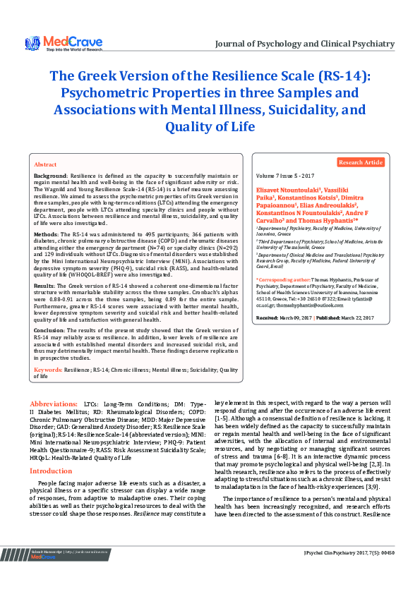 (PDF) The Greek Version of the Resilience Scale (RS-14): Psychometric ...