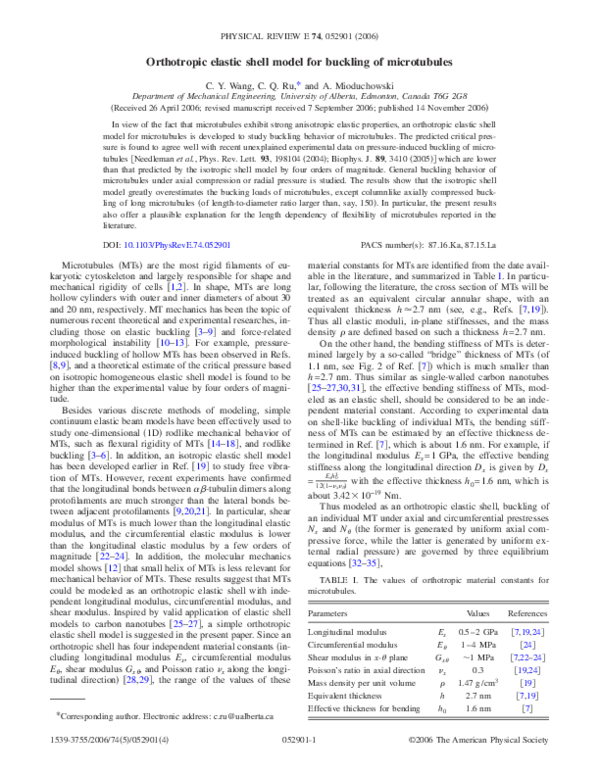 (PDF) Orthotropic elastic shell model for buckling of microtubules