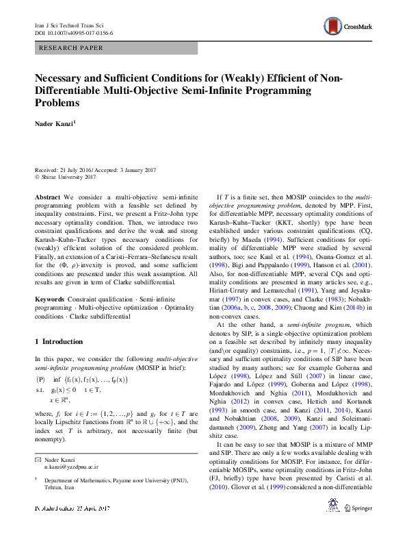 (PDF) Necessary and Sufficient Conditions for (Weakly) Efficient of Non-Differentiable Multi ...