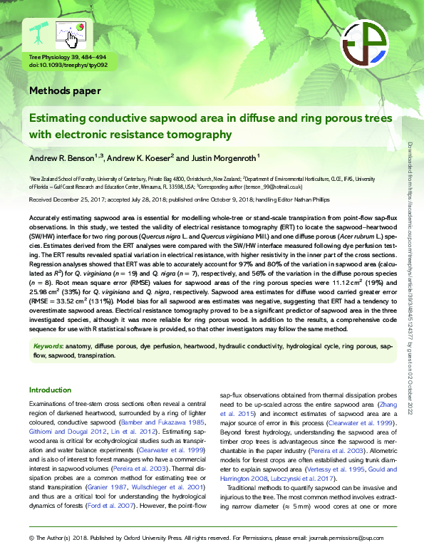 (PDF) Estimating conductive sapwood area in diffuse and ring porous ...