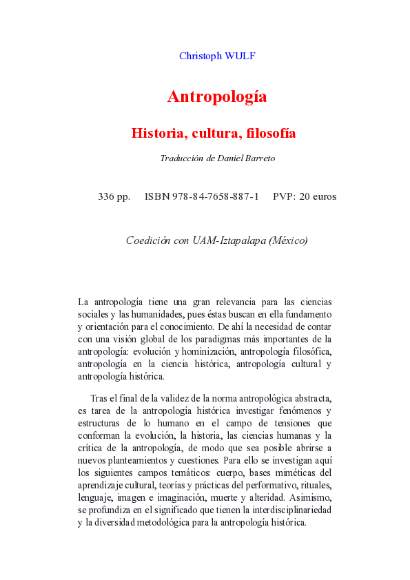 (PDF) Christoph WULF, Antropologia. Historia, cultura, filosofia ...