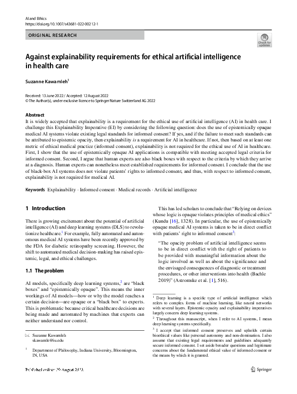 (PDF) Against explainability requirements for ethical artificial intelligence in health care