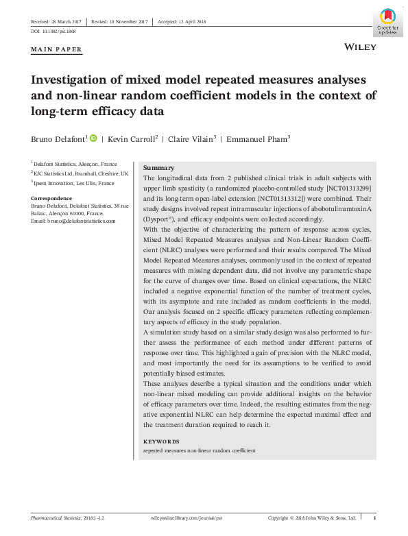 (PDF) Investigation of mixed model repeated measures analyses and non-linear random coefficient ...