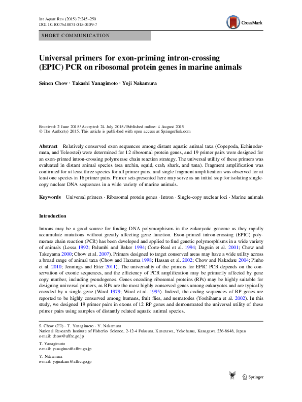 (PDF) Universal primers for exon-priming intron-crossing (EPIC) PCR on ...