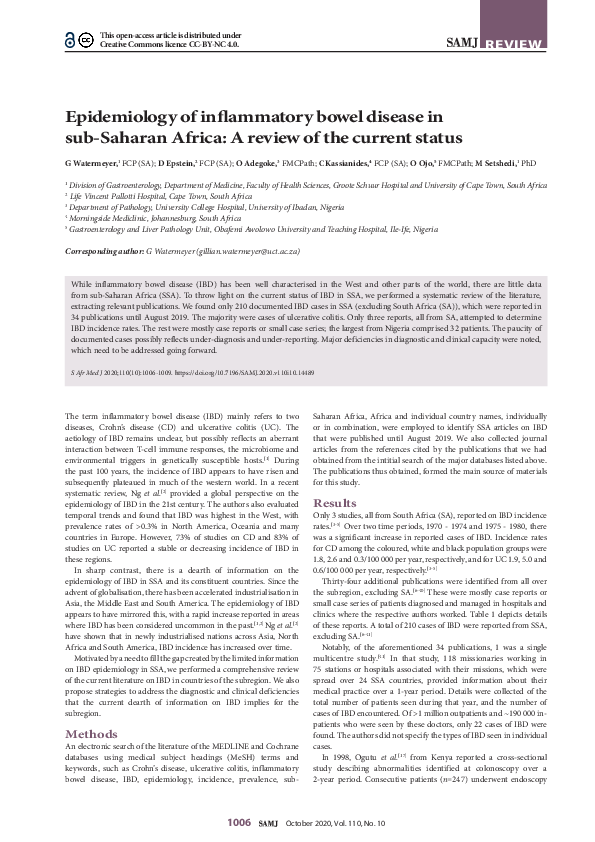 (PDF) Epidemiology of inflammatory bowel disease in sub-Saharan Africa ...
