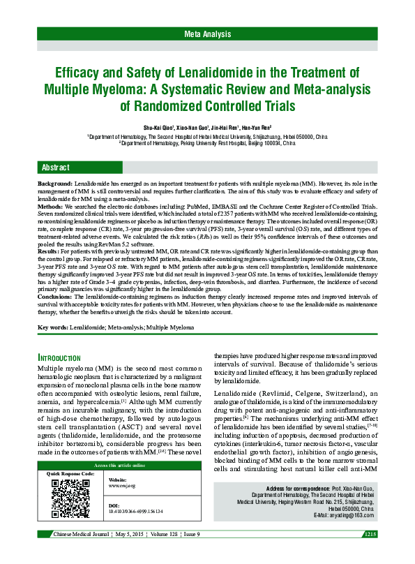 (PDF) Efficacy and Safety of Lenalidomide in the Treatment of Multiple Myeloma: A Systematic ...