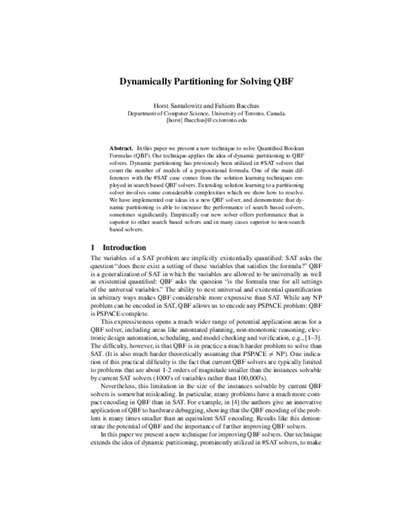 Pdf Dynamically Partitioning For Solving Qbf Horst Samulowitz