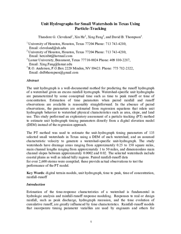 (PDF) Unit Hydrographs for Small Watersheds in Texas Using Particle ...