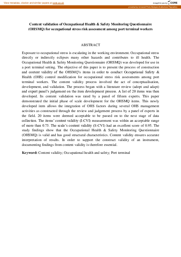 (PDF) Content validation of Occupational Health & Safety Monitoring ...