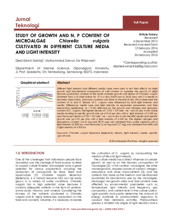 (PDF) STUDY OF GROWTH AND N, P CONTENT OF MICROALGAE Chlorella vulgaris ...