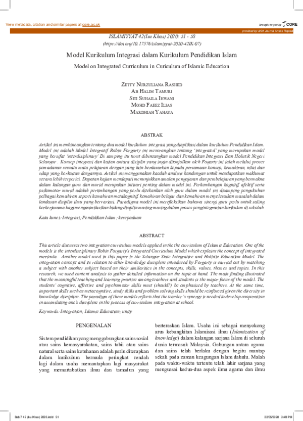 (PDF) Model Kurikulum Integrasi dalam Kurikulum Pendidikan Islam