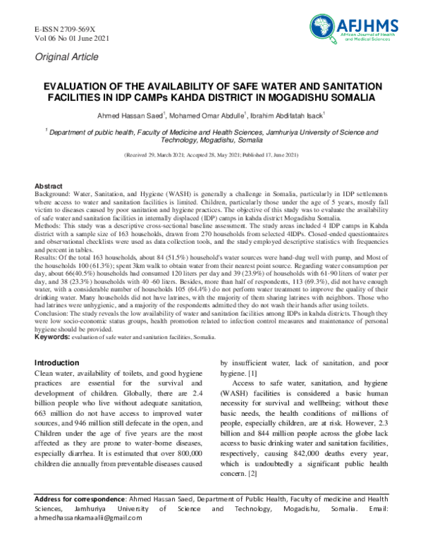 (PDF) EVALUATION OF THE AVAILABILITY OF SAFE WATER AND SANITATION ...