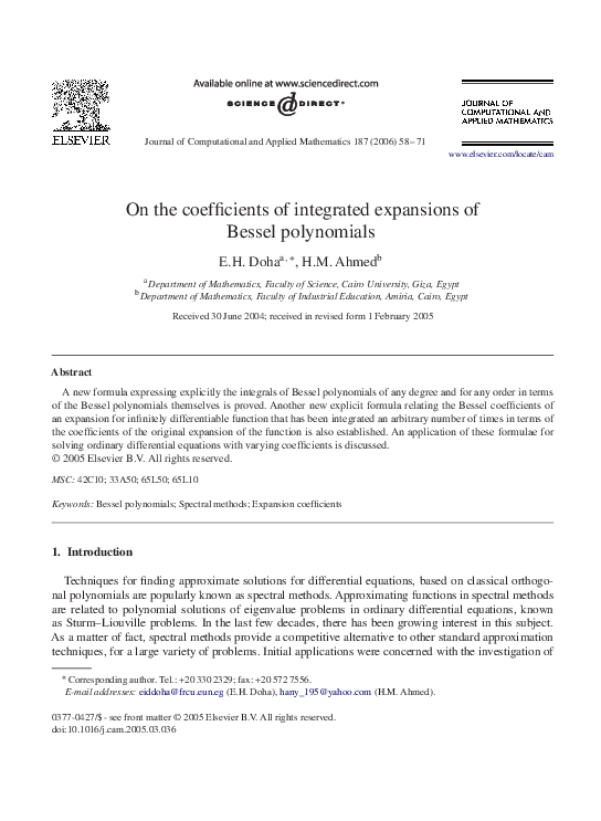 Pdf On The Coefficients Of Integrated Expansions Of Bessel Polynomials