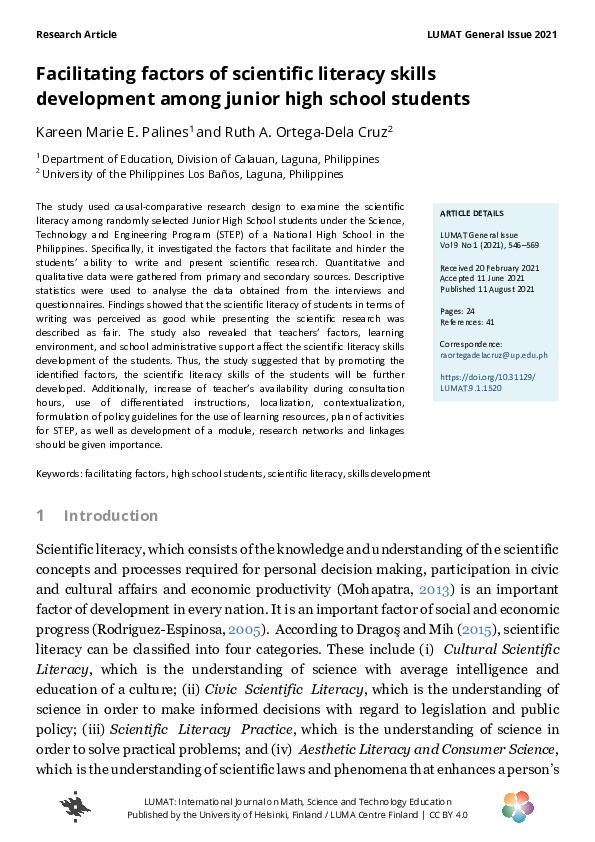 (PDF) Facilitating factors of scientific literacy skills development among junior high school ...