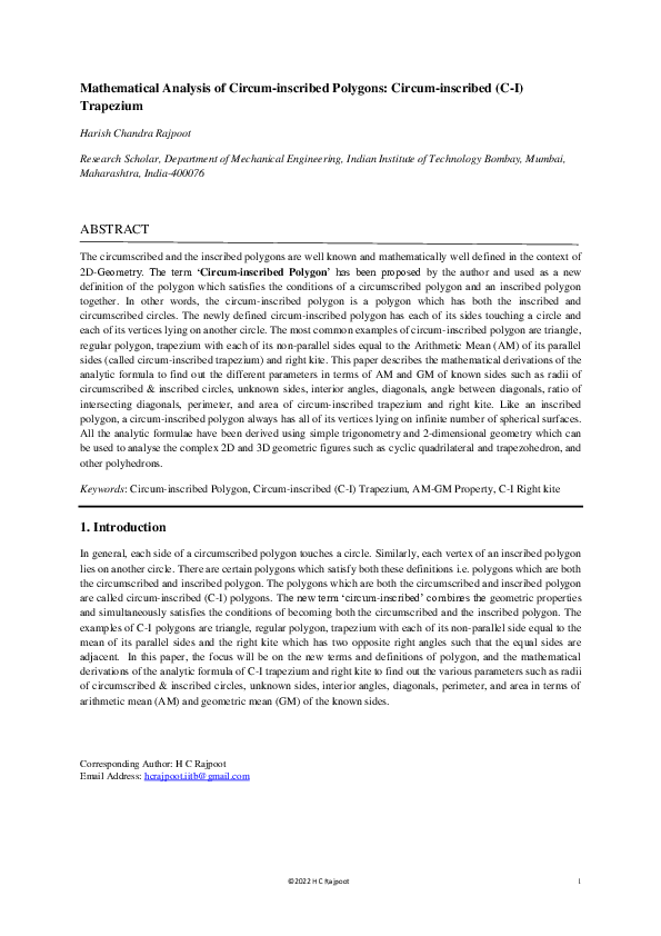 (PDF) Mathematical Analysis of Circum-inscribed Polygons: Circum-inscribed (C-I) Trapezium