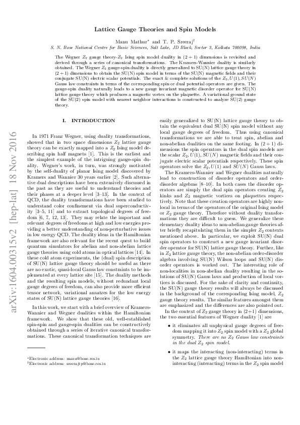(PDF) Lattice gauge theories and spin models