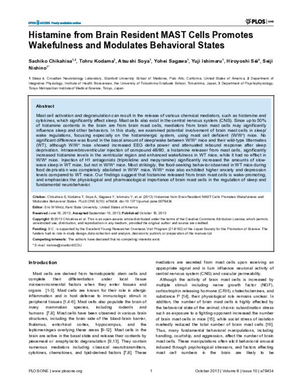 (PDF) Histamine from Brain Resident MAST Cells Promotes Wakefulness and ...