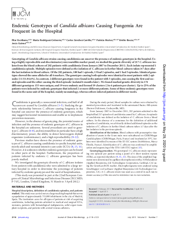 (PDF) Endemic Genotypes of Candida albicans Causing Fungemia Are ...