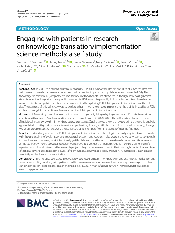 (PDF) Engaging with patients in research on knowledge translation/implementation science methods ...
