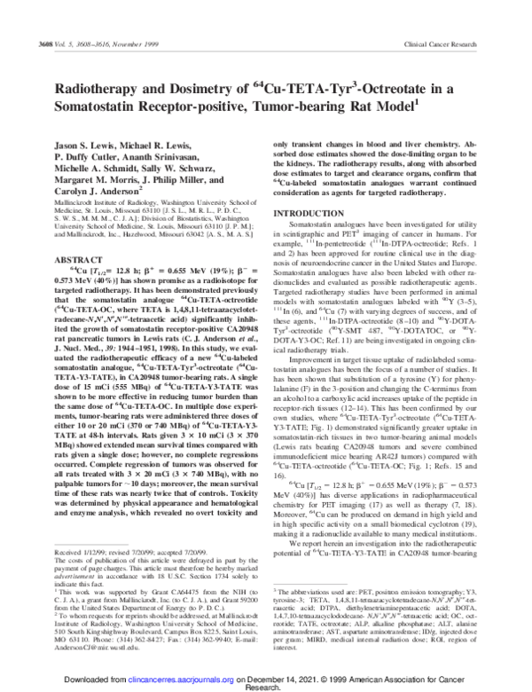 (PDF) Radiotherapy and dosimetry of 64Cu-TETA-Tyr3-octreotate in a ...