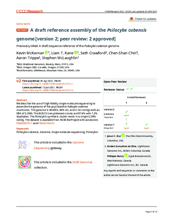 (PDF) A draft reference assembly of the Psilocybe cubensis genome | Kevin McKernan - Academia.edu