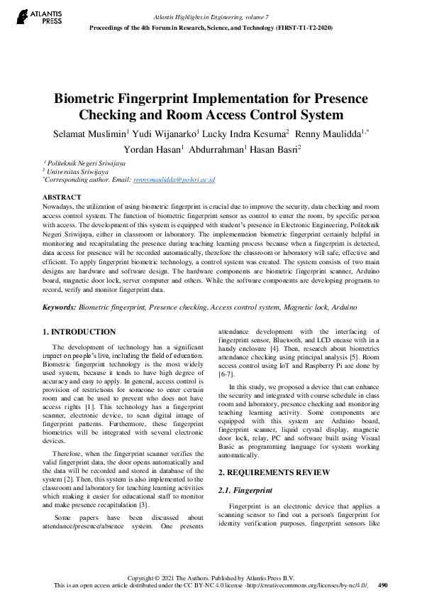 Pdf Biometric Fingerprint Implementation For Presence Checking And Room Access Control System