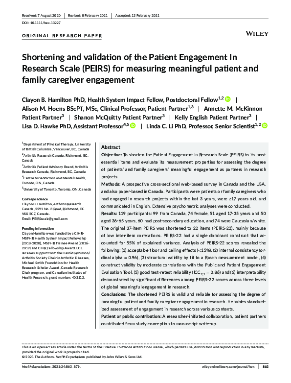 (PDF) Shortening and validation of the Patient Engagement In Research ...