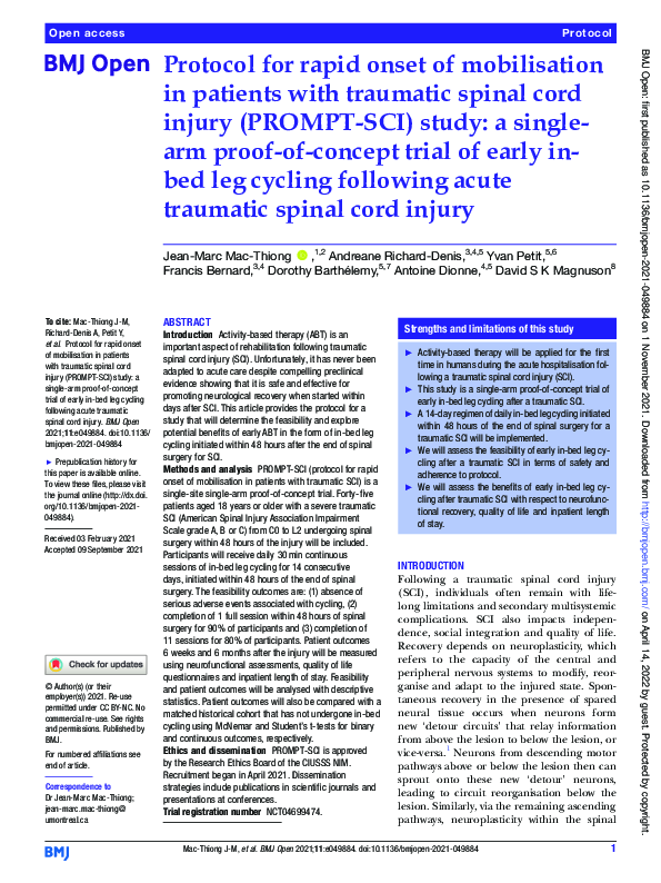 (PDF) Protocol for rapid onset of mobilisation in patients with traumatic spinal cord injury ...