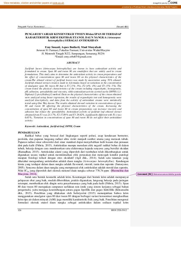 (PDF) PENGARUH VARIASI KONSENTRASI TWEEN 80 dan SPAN 80 TERHADAP KARAKTERISTIK KRIM EKSTRAK ...