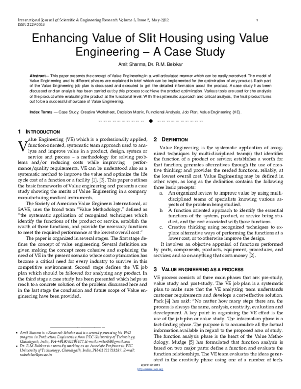 (PDF) Enhancing Value of Slit Housing using Value Engineering–A Case Study