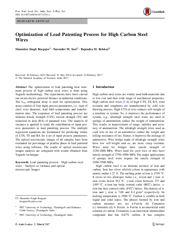 (PDF) Optimization of Lead Patenting Process for High Carbon Steel Wires